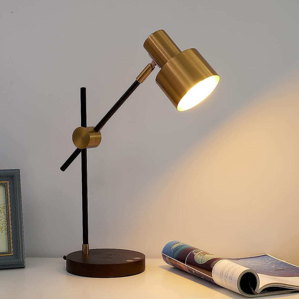 Yeefamons Desk Lamp with Wireless Charg and USB Port, Swing Arm,Brass Metal,Wood Bedside Nightstand Lights, Mid Century Modern Reading Lamp for Bedroom, Living Room, Office（5Watts Bulb Included）