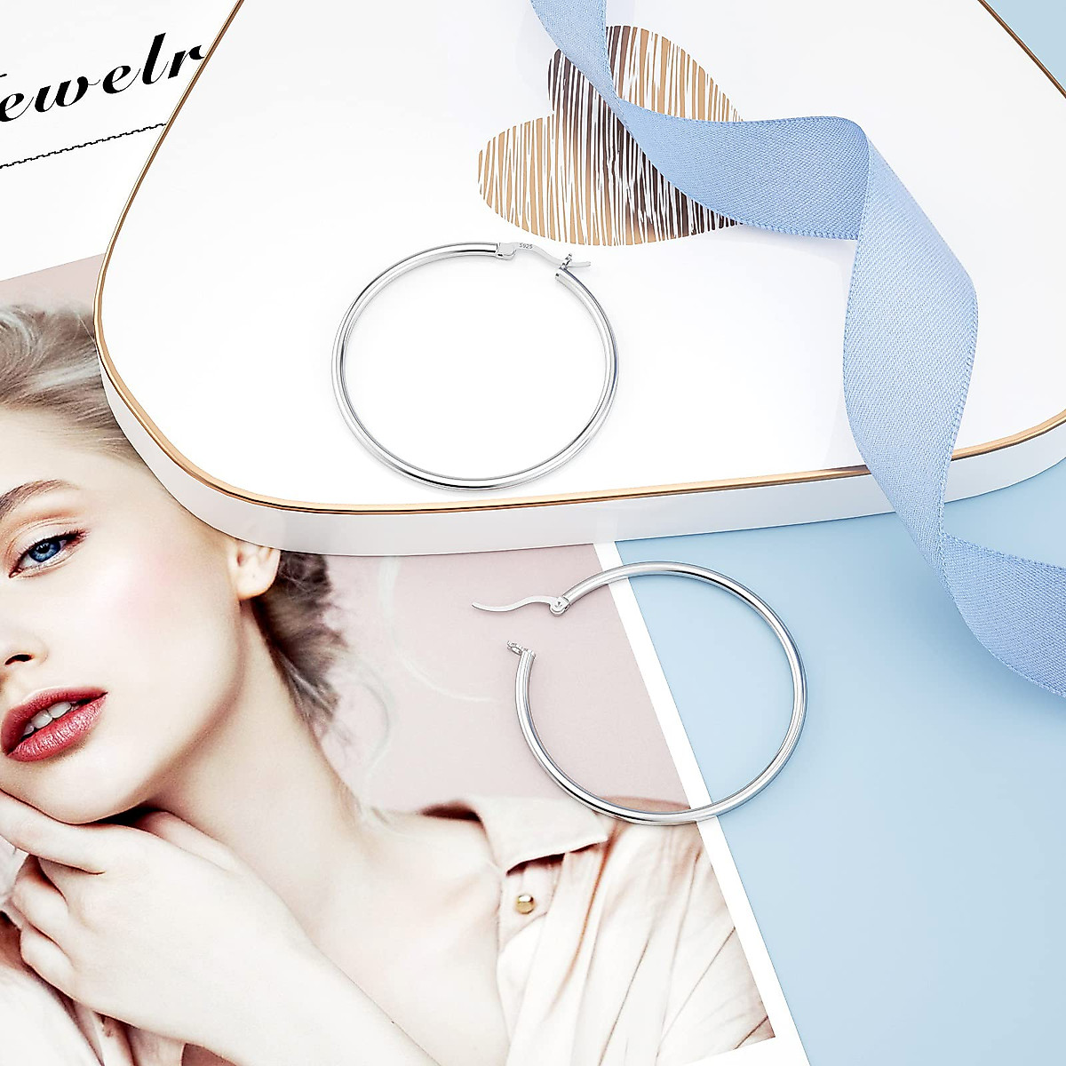 JIAYIQI Sterling Silver Hoop Earrings for Women 18K White gold plated Hypoallergenic Big Sliver Hoop Earrings for Women Diameter 40mm