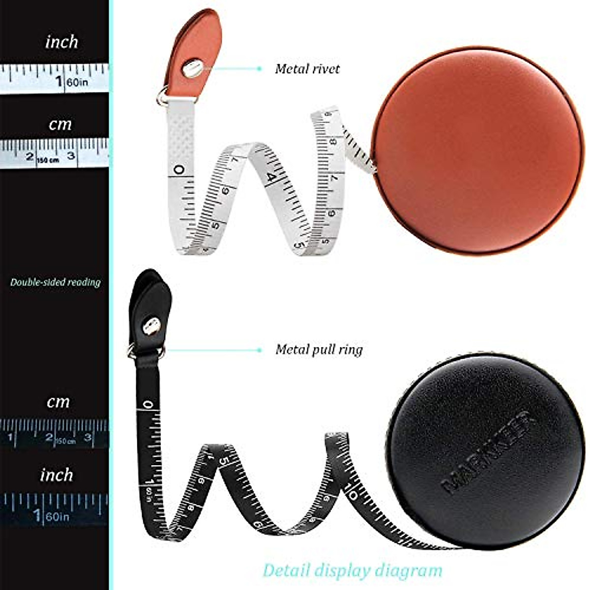 Sewing Tape Measure,2 Pack Tailor Clothing Small Tape, Measure for Body Measuringruler, UpgradeDual Sided Leather Tape Measureautomatic Retractable, Soft Tape 60 Inch/ 1.5 M (Black Brown)