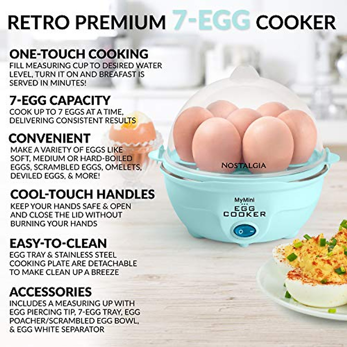 Nostalgia Retro Electric Large Hard-Boiled Egg Cooker, 7 Capacity, Poached, Scrambled, Omelets, Whites, Sandwiches, for Keto & Low-Carb Diets, Aqua