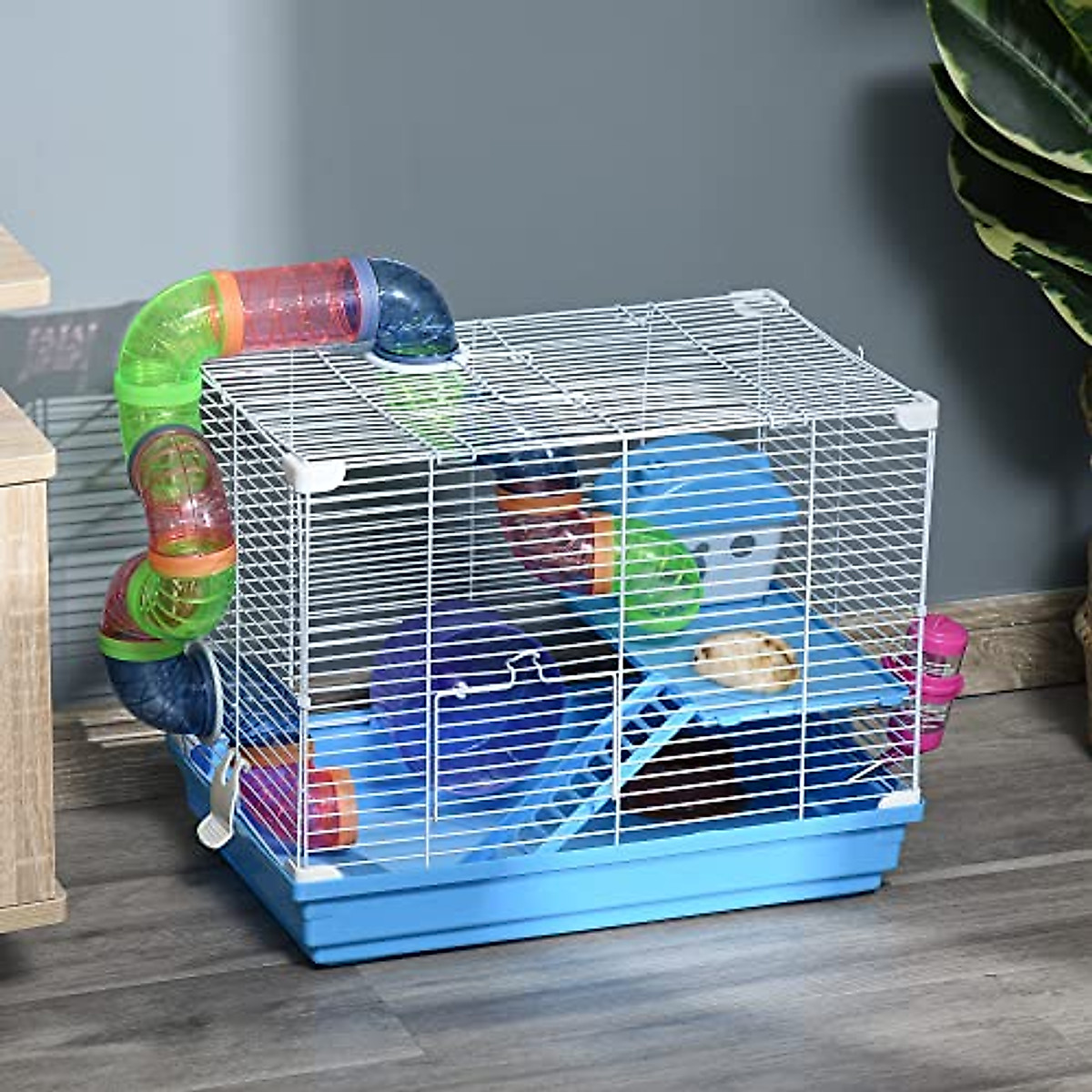 PawHut 2-Level Hamster Cage Rodent Gerbil House Mouse Mice Rat Habitat Metal Wire with Exercise Wheel, Play Tubes, Water Bottle, Food Dishes, & Interior Ladder