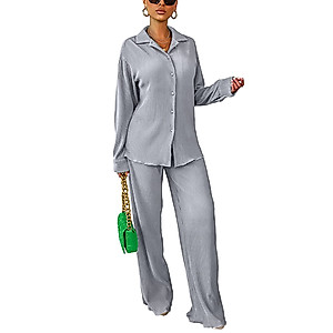 kaimimei Casual 2 Piece Outfit for Women - Linen Long Sleeve Button Down Shirt + Flare Pleated Wide Leg Pants Sets Streetwear