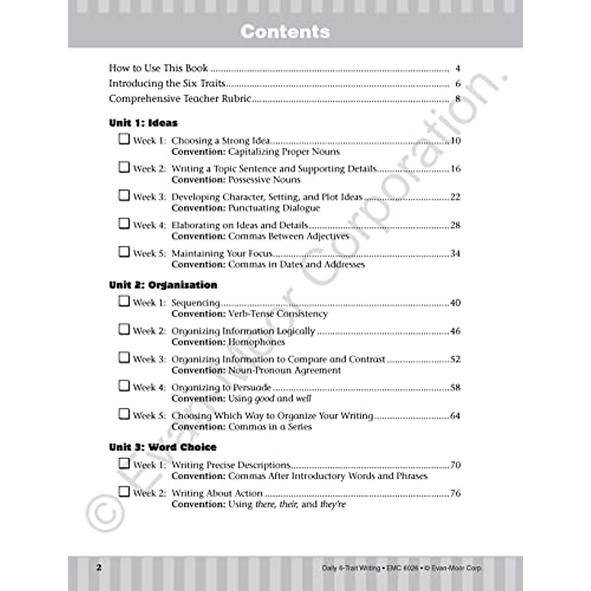 Evan-Moor Daily 6-Trait Writing, Grade 6 Homeschool and Classroom Resource Workbook, Reproducible Worksheets, Teaching Edition, Lesson Plans, Ideas, Organization, Word Choice, Sentence Fluency, Voice