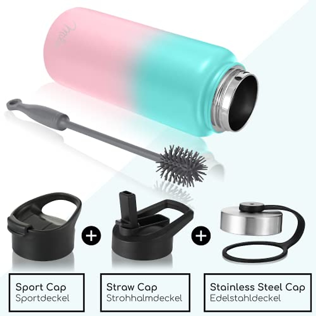 Milu Stainless Steel Drinking Bottle 500ml, 750ml, 1000ml (+3 Lids) - Thermos Bottle with Straw, Water Bottle, For Hot, Cold & Carbonated Drinks (Mint Pink, 1l)