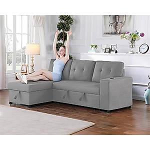 yoyomax L Shaped Sofa-82'' Sectional Sofa with Storage Chaises & Cup Holders, Pull Out Bed & Storage Space for Living Room, Apartment and Office, Light Grey(Left)
