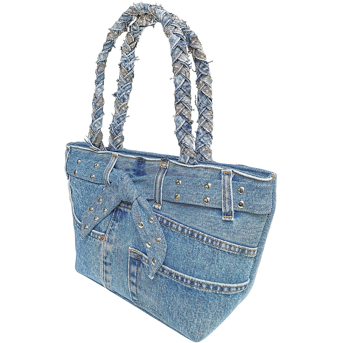 Upcycling Blue Denim Jeans Trapeze Bag Silver Stud Bow-Tied Braided Strap Top-Handle Handbag Purse for Women