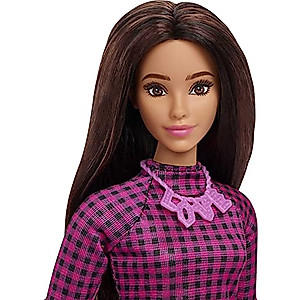 Barbie Fashionistas Doll #188 with Curvy Shape, Black Hair, Checkered Dress, Pink Sneakers & Necklace Accessory