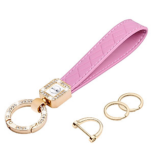 Wisdompro Microfiber Leather Car Keychain, Universal Bling Car Key FOB Keychain Key Chain Holder with Anti-lost D-ring and 2 Keyrings for Women - Pink