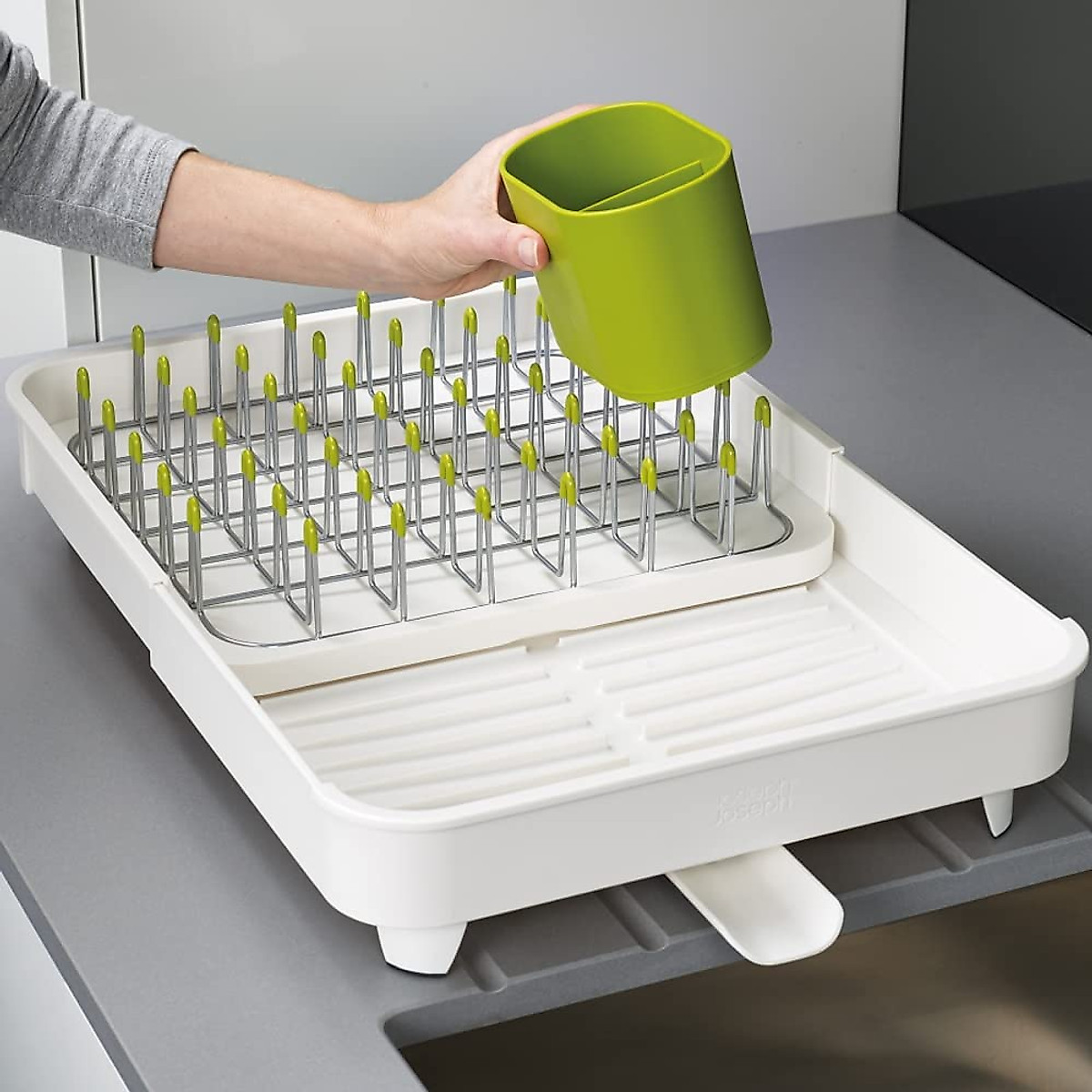 Joseph Joseph 85071 Extend Expandable Dish Drying Rack and Drainboard Set Foldaway Integrated Spout Drainer Removable Steel Rack and Cutlery Holder, White,White/Green - Plastic