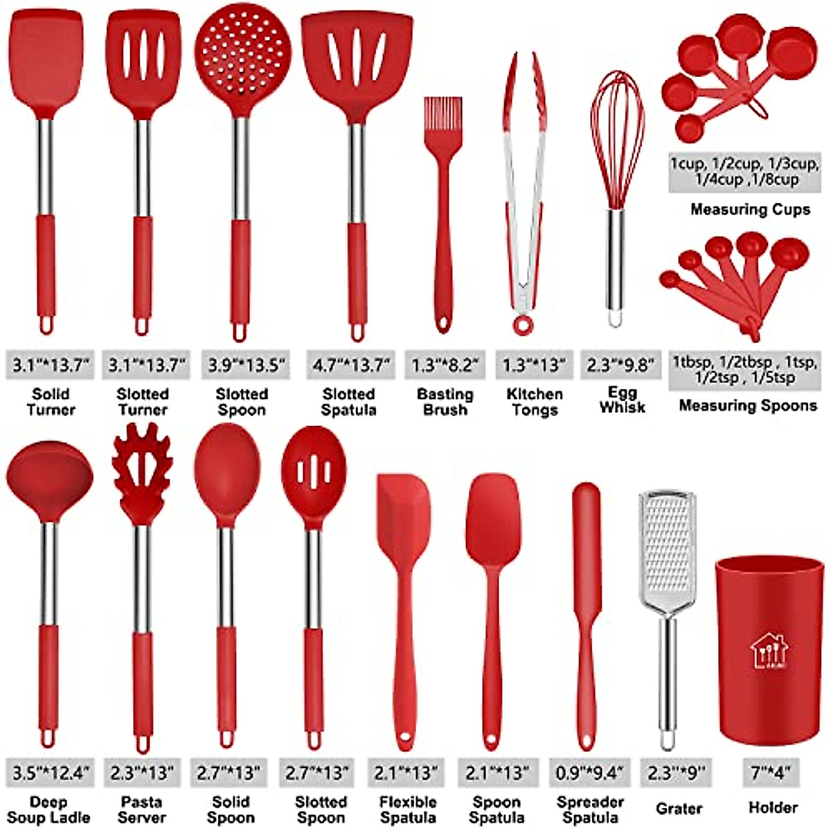 Silicone Cooking Utensil Set,Kitchen Utensils 26 Pcs Cooking Utensils Set,Non-stick Heat Resistant Silicone,Cookware with Stainless Steel Handle - Red