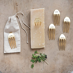 Creative Co-Op Stainless Steel Fork Cheese Markers with Drawstring Bag, Set of 6 Cutlery, Brass