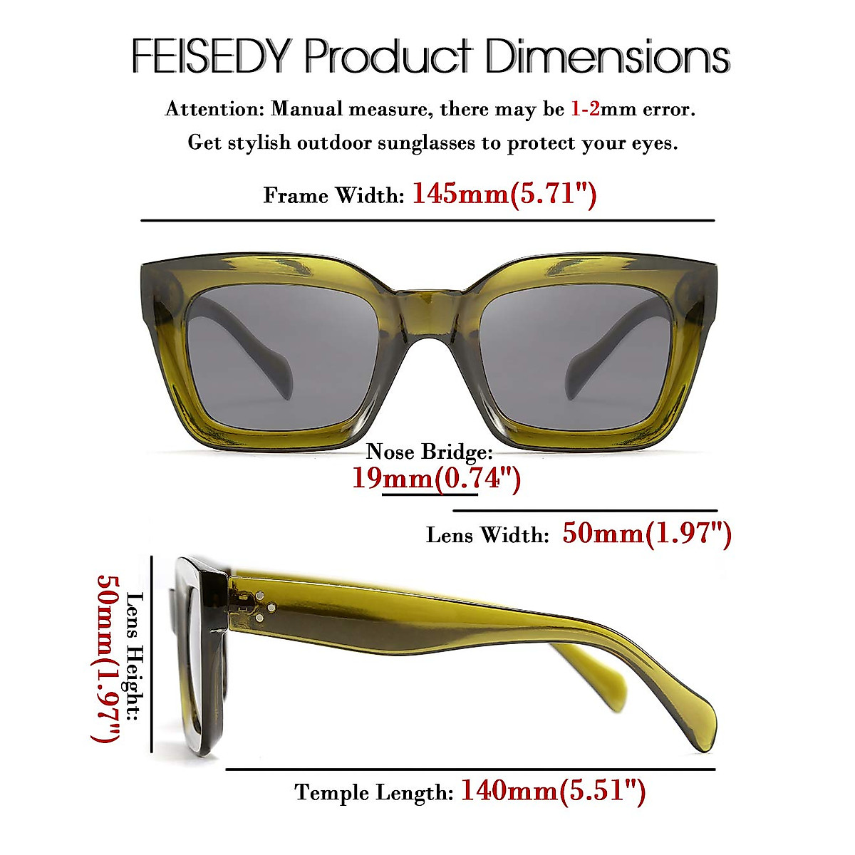 FEISEDY Classic Women Sunglasses Fashion Thick Square Sun Glasses Chunky Frame UV400 B2471