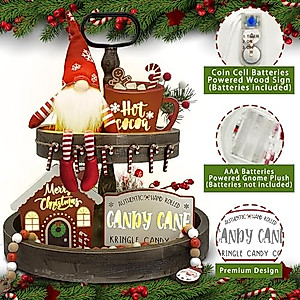 Christmas LED Tiered Tray Decor - Candy Cane, Xmas Plush Gnome, Wood Beads Garland & Mini Banner
