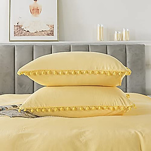 Caressma Pom Pom Fringe Boho Duvet Cover Set Queen Size, Soft Washed Microfiber 3pcs Bedding Duvet Cover, All Season Yellow Comforter Cover Set with Zipper Closure (1 Duvet Cover+2 Pillowcases)