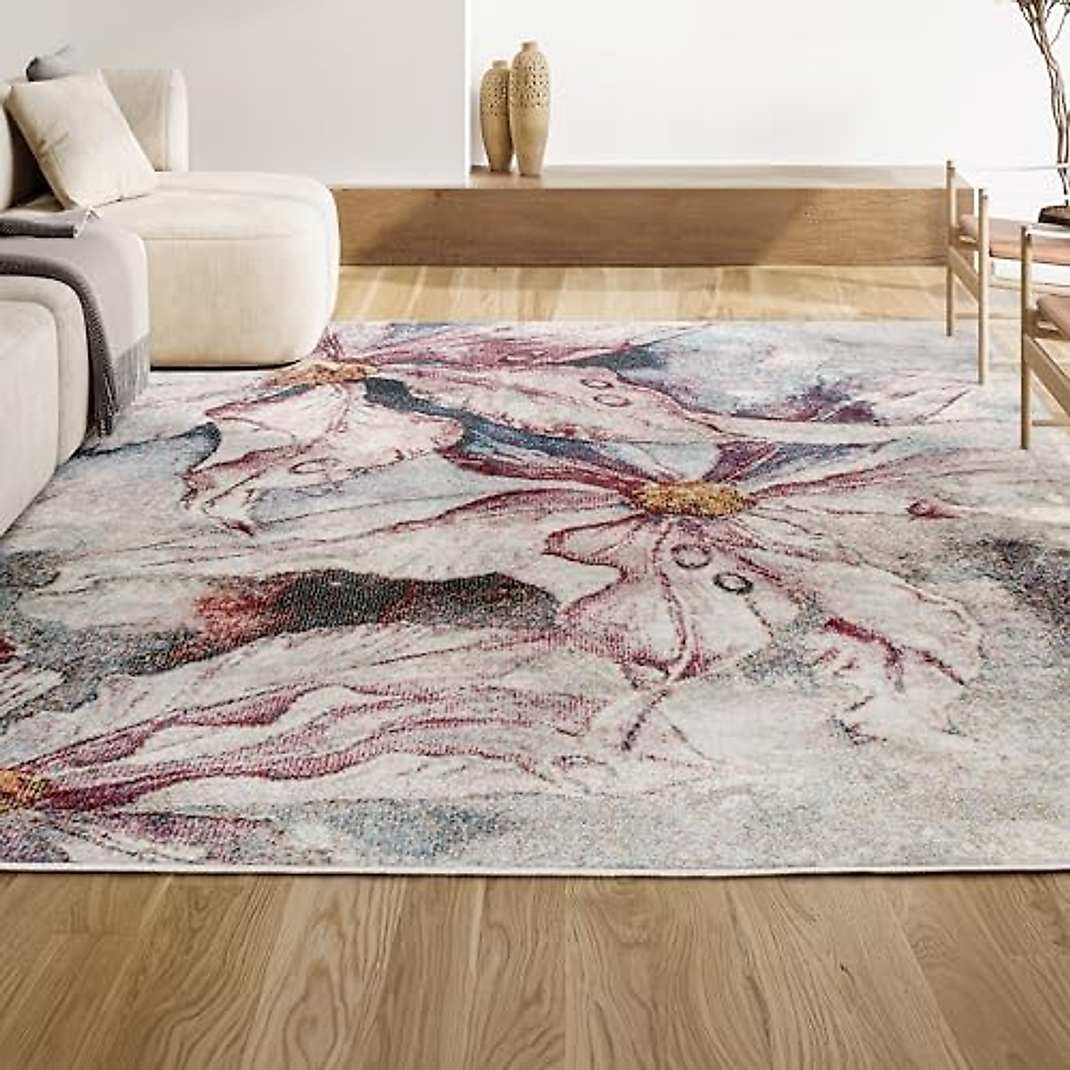 JONATHAN Y CTP204A-8 Pastello Modern Abstract Muted Flowers Indoor -Area Rug, Contemporary, Floral, Tropical Easy-Cleaning,Bedroom,Kitchen,Living Room,Non Shedding, Pink/Gray, 8 X 10