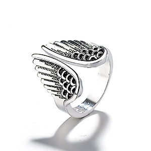 925 Silver Ladies Angel Wings Ring Vintage Thai Silver Stained Black Angel Wings Open Ring Hip Hop Rock Eternity Engagement Wedding Anniversary Band Cocktail Ring 592 (black)