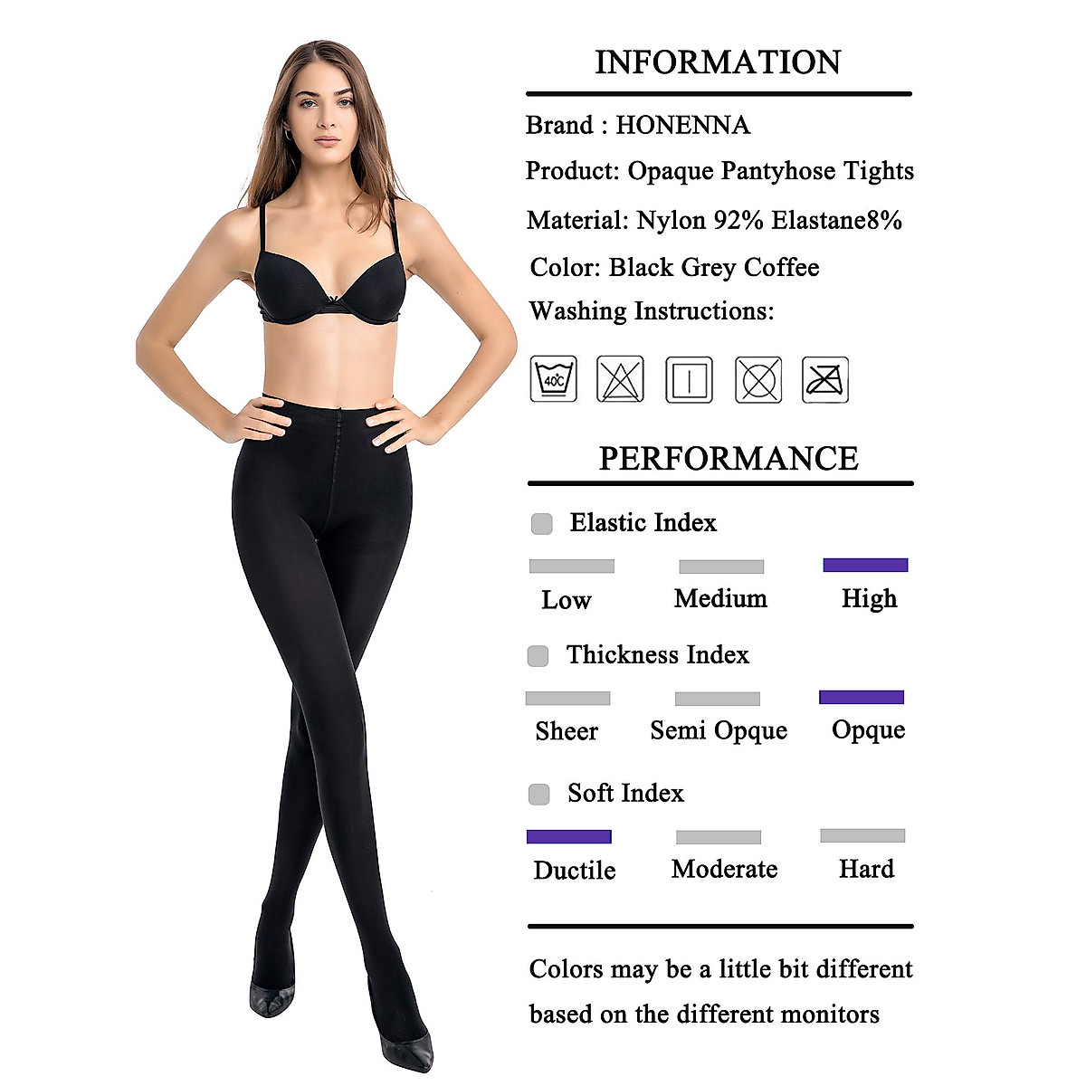 HONENNA Women's Control Top High Elastic Soft Opaque Pantyhose Tights, 1 Pair Pink L-XL