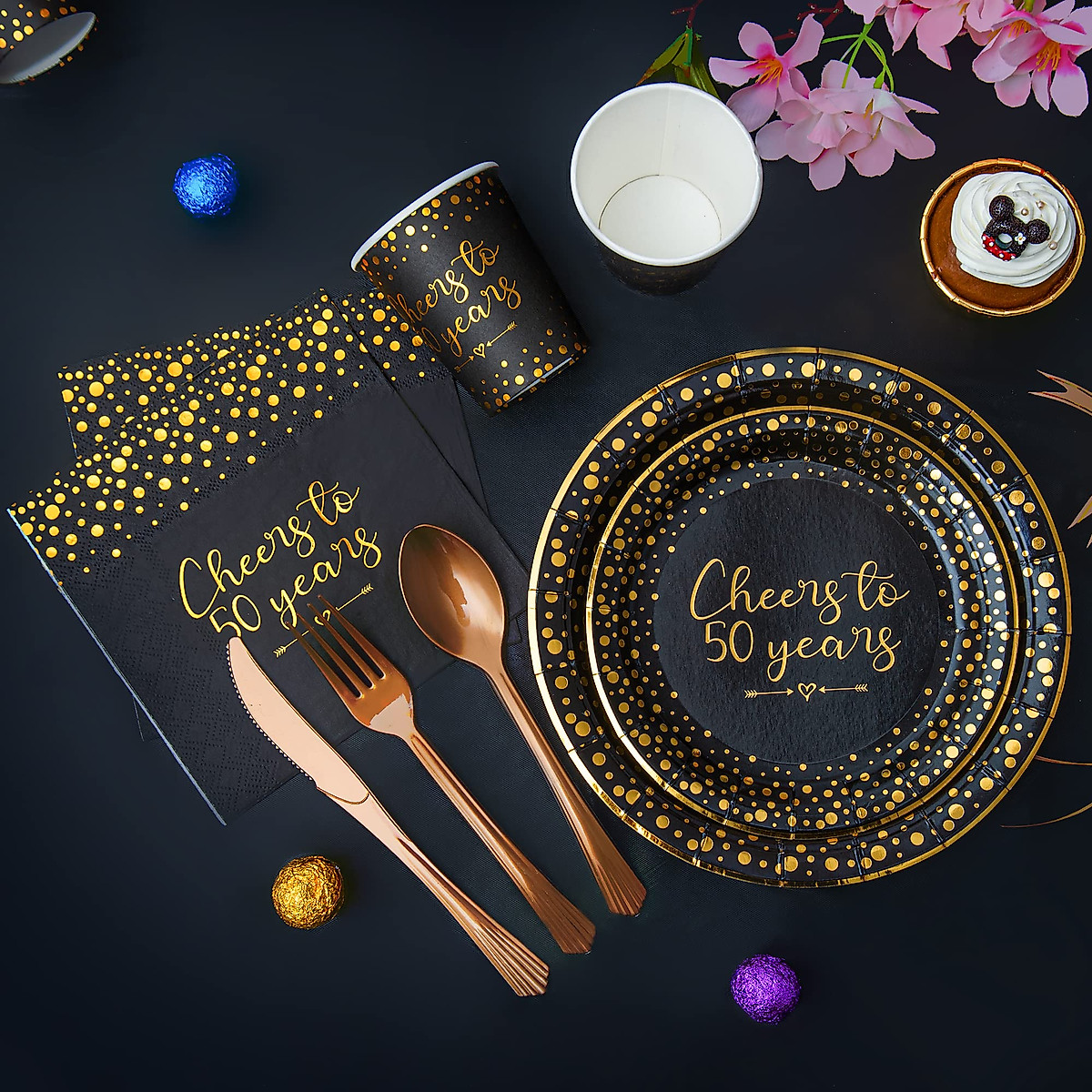 Sparkles Hub 50th Birthday Party Supplies Tableware Serves 24: 9" Paper Plates 7" Plate 9 Oz Cups Napkins Forks Knives Tablecloth 50th Birthday Black & Gold Dot Themed Disposable Dinnerware