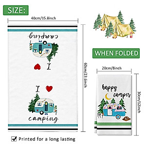 Camping Kitchen Towels Set of 4 Dish Towels Kitchen Hand Towels Kit Printed with Funny Sayings Novelty Gifts for Campers Happy Camper Camping Tent Pine Tree Farmhouse RV Decor Sign Home Decorations