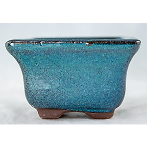 Square Green Glazed Mini Mame Bonsai Pot, Cactus and Succulent Planter & Accent Plants Vase - 3.25"x 3.25"x 2" + Mesh