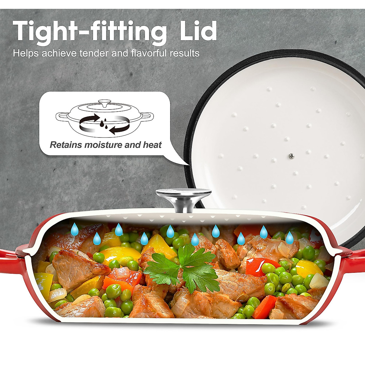 MICHELANGELO Braiser Enameled Cast Iron, 3.5 Quart Braiser Pan with Lid, Nonstick Braiser with Silicone Pads for Heat Insulation, Oven Safe Cast Iron Pan-Cherry Red