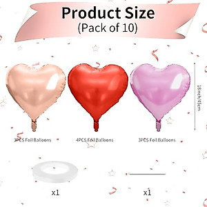 Rose Gold and Pink Heart Balloons, 18 Inch Red Pink Heart Shape Balloons Foil, 10 Pcs Red Light Pink Heart Balloon for Girls Women Valentines Day Birthday Wedding Baby Shower Bridal Party Decorations