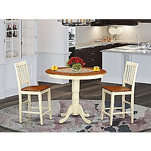 East West Furniture JAVN3-WHI-W 3 Piece Counter Height Dining Set for Small Spaces Contains a Round Dining Room Table with Pedestal and 2 Wooden Seat Chairs, 36x36 Inch, Buttermilk & Cherry