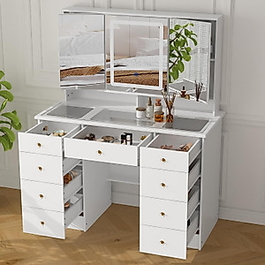 ROMSHINE White Vanity Desk with Trifold Mirrors & LED Light, Large Makeup Vanity with Glass Top, 9 Drawers & Shelves, Modern Vanity Desk with Mirrored Doors in 3 Colors, Thickened Tabletop, White
