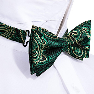 YOHOWA Green Gold Bow Tie and Pocket Square Set Pretied Bow Tie with Gold Diamond Ring