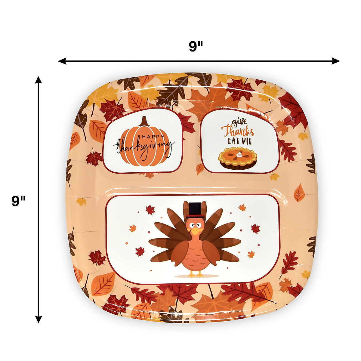 Gift Boutique 24 Pack Thanksgiving Divided Dinner Plate 9 inch Square 3 Section Plates for Fall Autumn Harvest Party Supply Disposable Paper Dinner Table Decorations with Turkey Pumpkin Leaf Design