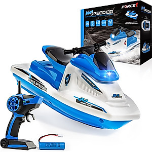 Force1 Wave Speeder RC Boat for Kids - Remote Control Boat for Pool Water or Lake Play, Mini RC Boat Toy with Remote Kid Motor Boat, Rechargeable Battery, Dual Motor, USB Charger, 2.4GHz Remote (Blue)