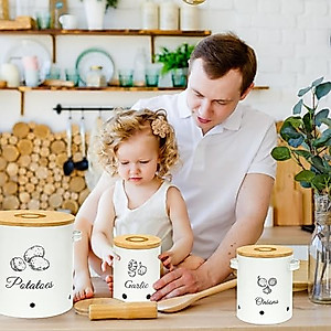 Holismo Potato Storage For Pantry, 3 Containers Kitchen Counter Organizer Countertop Onion and Potato Storage bin with Garlic Holder, Kitchen Canisters Vegetable Keeper with bamboo lid