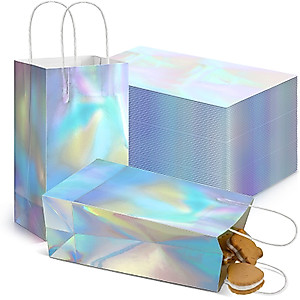 Estune Iridescent Gift Bags with Handle Holographic Party Favor Bags Glitter Foil Paper Handbag Candy Goodie Bag for Wedding Birthday Halloween Party Favor, 8.3 x 5 x 3.2 In(30 Pcs)
