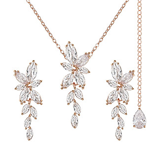 SWEETV Marquise Wedding Jewelry Set for Bride Bridesmaids, Rose Gold Bridal Jewelry Set for Wedding, Cubic Zirconia Crystal Necklace Earrings Set for Women