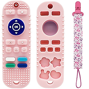 Remote Control Teether Toy for Babies 6 to 12 Months,Baby Teething Toys Tv Remote Shape with Pacifier Clip（Pink）