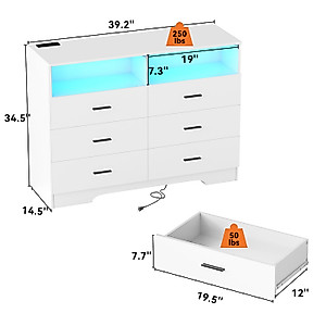 FJTJBSI Dresser with Power Outlets and LED Lights Wooden 6 Drawer Dresser with Large Organizer Tall White Dresser for Bedroom Chest of Drawers Closet Modern Dresser for Living Room Kids Room Hallway