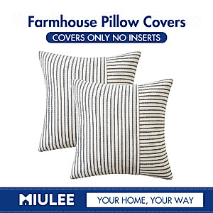MIULEE Grey and Beige Patchwork Farmhouse Pillow Covers 18x18 Inch, Pack of 2 Striped Linen Decorative Modern Accent Pillow Cases for Sofa Couch Bedroom