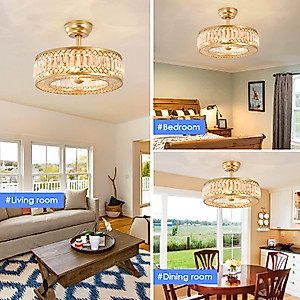 KOKAiZeeKi Gold Crystal Caged Ceiling Fans with Light, 18" Bladeless Ceiling Fan with Remote Control, 6 Speed Low Profile Enclosed Ceiling Fan with Reversible Motor for Bedroom Kitchen Living Room