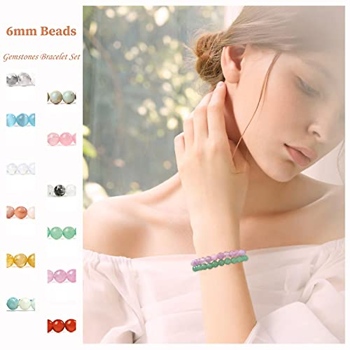 Svovin 12Pcs Gemstone 6mm Semi Precious Round Beaded Bracelet Set For Women Men Healing Crystal Stretch Energy Stone Bead Bracelets Jewelry