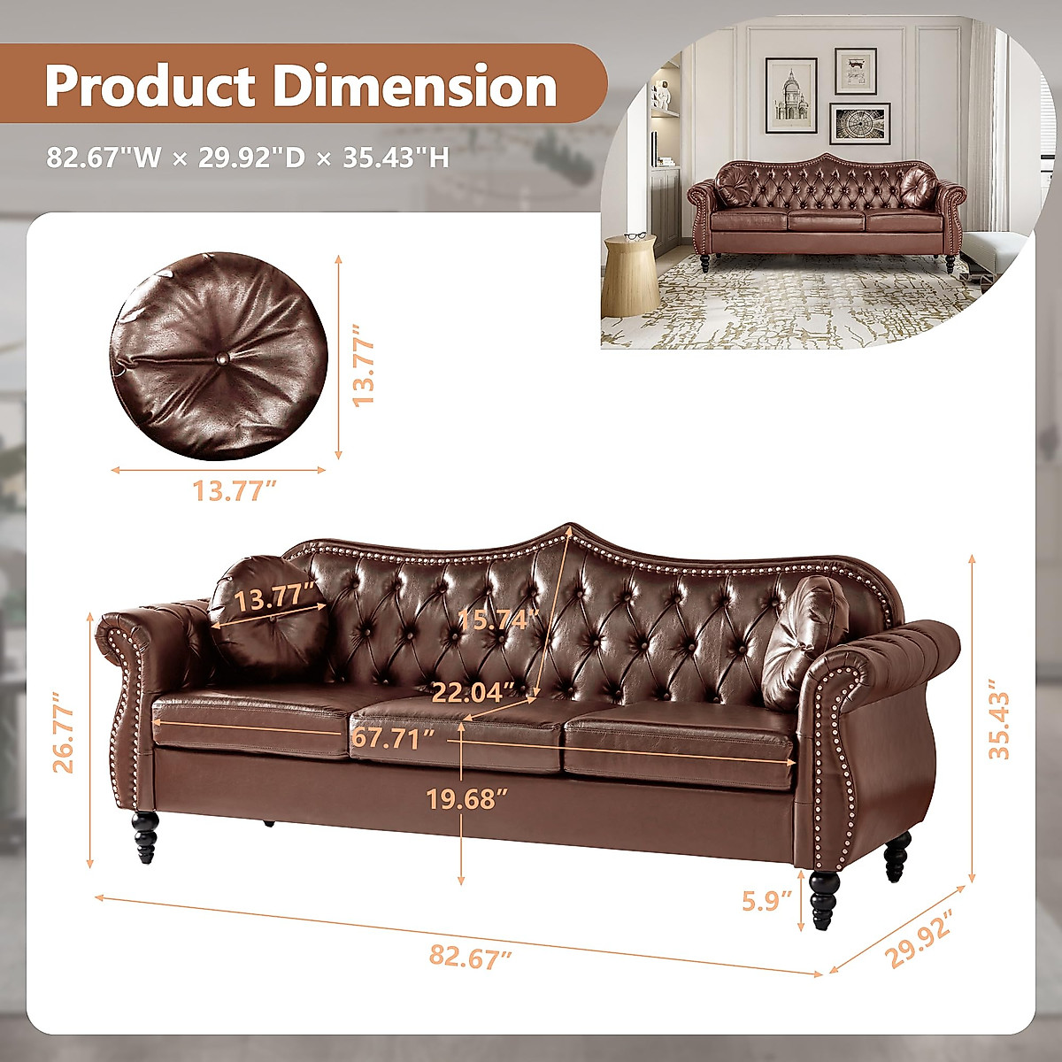 AVZEAR 82" Three Seater Sofa, Chesterfield Sofa, Mid-Century Modern PU Upholstered Sofa, Deep Button Tufted Living Room Sofa with Two Throw Pillows, Brown