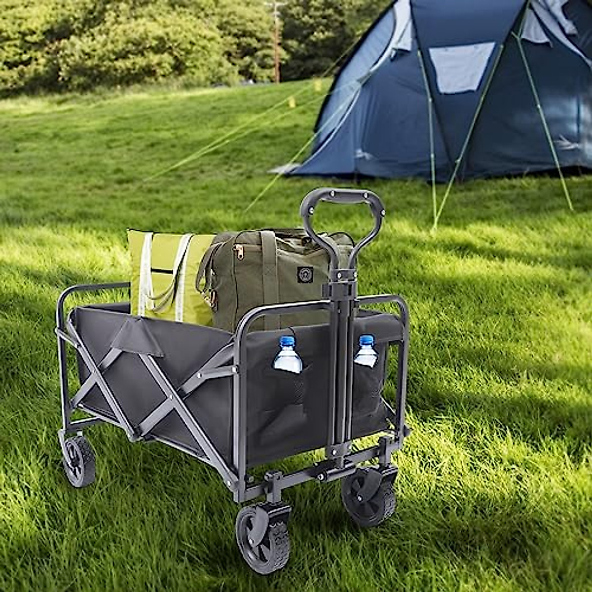 Collapsible Folding Outdoor Utility Wagon, Heavy Duty Foldable Camping Cart, Garden Tool Collection Utility Trolley with Adjustable Handle & Mesh Cup Holder for Garden Camping Picnic