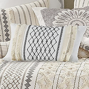 INK+IVY Bea Mid Century Modern Cotton Oblong Decorative Pillow Sofa Cushion Lumbar, Back Support, 12" x 20", Geometric Embroidery Ivory, II30-998