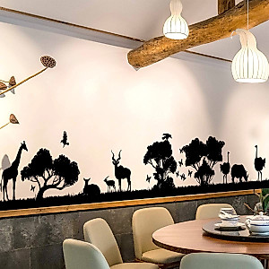 Black Jungle Animals Wall Decals Woodland Wild Animal Wall Stickers Removable Forest Animals Elephant Lion Birds Giraffe Trees Wall Decor for Kids Room Bedroom Living Room Nursery Classroom