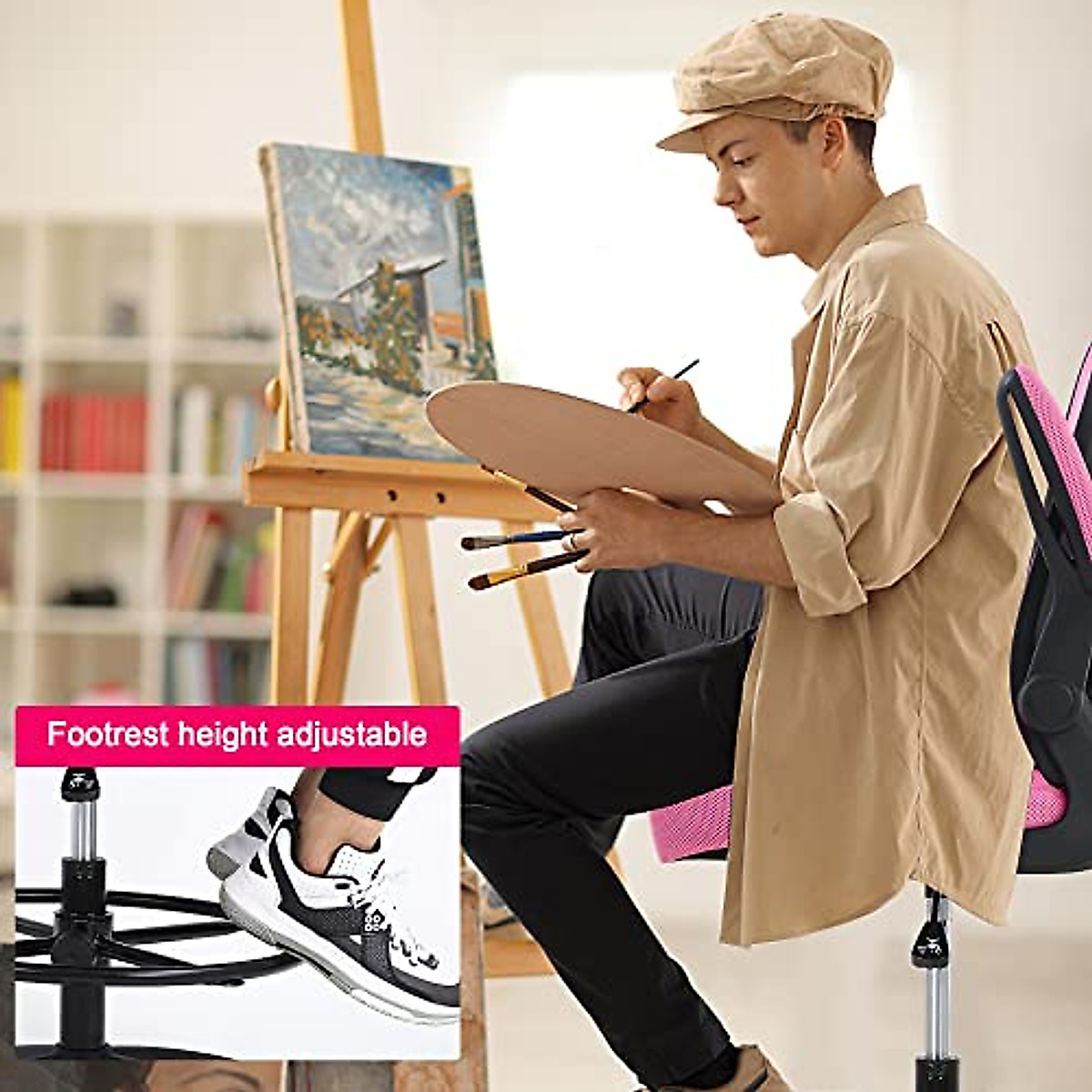 Drafting Chair Tall Office Chair Mid-Back Mesh Ergonomic Computer Chair High Adjustable Standing Desk Chair with Lumbar Support Adjustable Foot Ring and Flip-Up Arms (Pink)