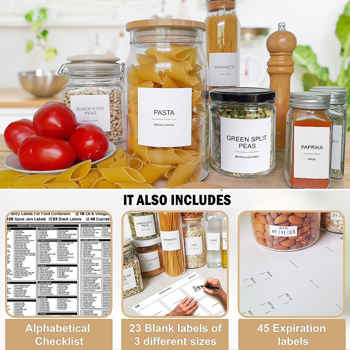 403 Pcs Kitchen Pantry Labels for Food Containers, 3 Sizes Preprinted Minimalist Waterproof Pantry Labels, With Oil & Vinegar Bottle Labels, Spice Jars Labels, Expiry Labels and Blank Labels