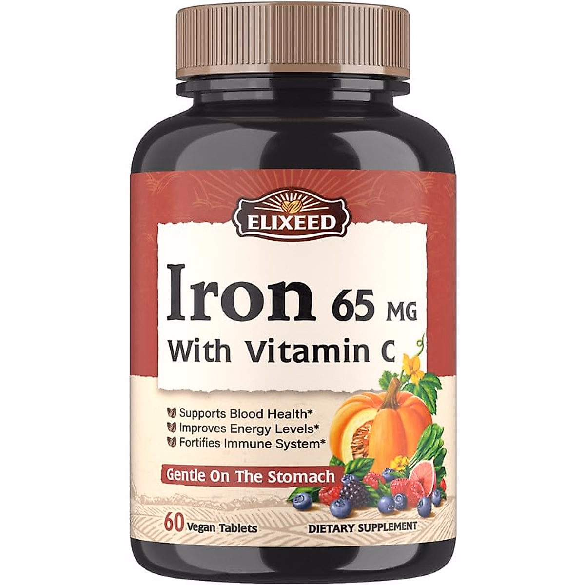 Elixeed Iron Tablets for Women & Men, 65 mg of Elemental Iron with VC, Gentle & Well-Absorbed, Blood Health, Energy Support, Vegan-Friendly, 60 Tablets, Non-GMO, No Gluten