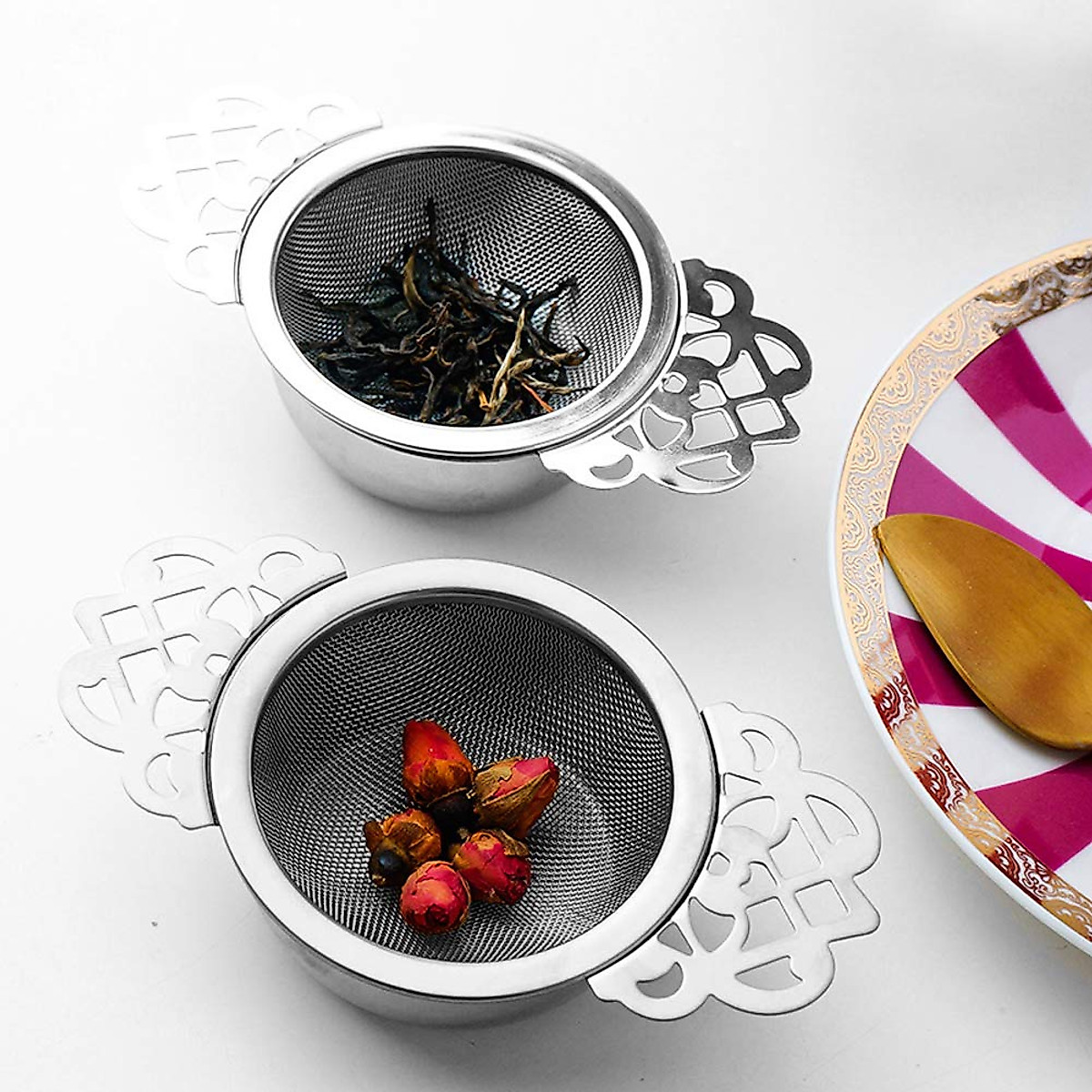 Vankcp 4 Set Tea Strainers with Drip Bowls, Loose Leaf Tea Strainers with Double Winged Handles Extra Fine Mesh Tea Infuser Brew Loose Leaf Tea, Spices, Seasonings