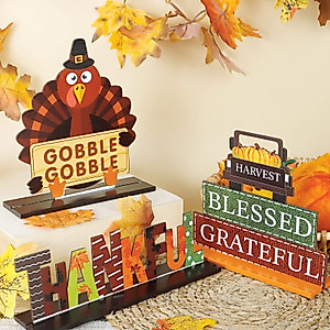 Thanksgiving Centerpieces for Tables Decorations, 4 Pack Wooden Pumpkin Turkey Thankful Blessed Decorative Signs, Harvest Autumn Fall Decor for Home Indoor Party Farmhouse Office Desk Fireplace