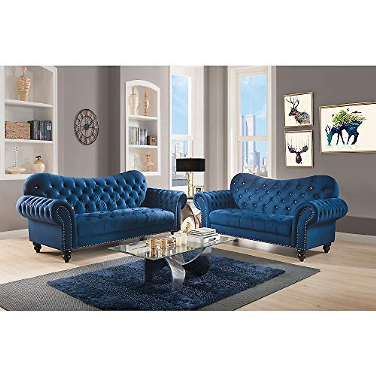 Eddy Mid Century Tufted Velvet Sectional Sofa Couch, Modern Diamond Tufted Upholstered Velvet Sofa with Rolled Wooden Legs, Luxury Vintage Tufted Velvet Living Room Sofa Couch(Navy)
