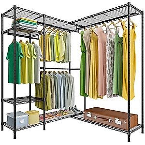 Ulif L2 Heavy Duty L-Shaped Garment Rack, 5-Tier Freestanding Clothes Rack with Shelves, Closet Organizer Storage System for Corner and Small Bedroom, 44"W x 43.3"L x 77.6"H, Max Load 802 LBS, Black